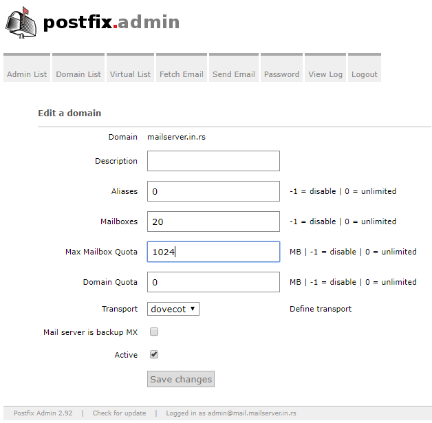 PostfixAdmin mail server